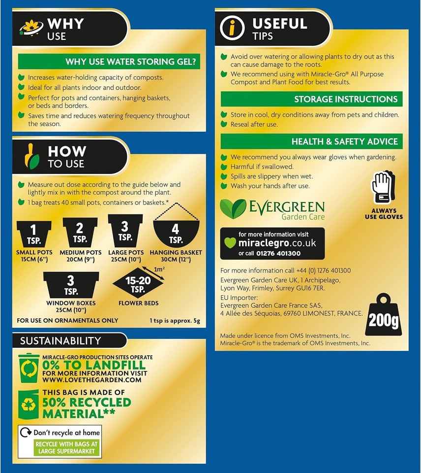 MIRACLE GRO Water Gel Retaining Crystals, Reduce Watering Moisture Pots ...