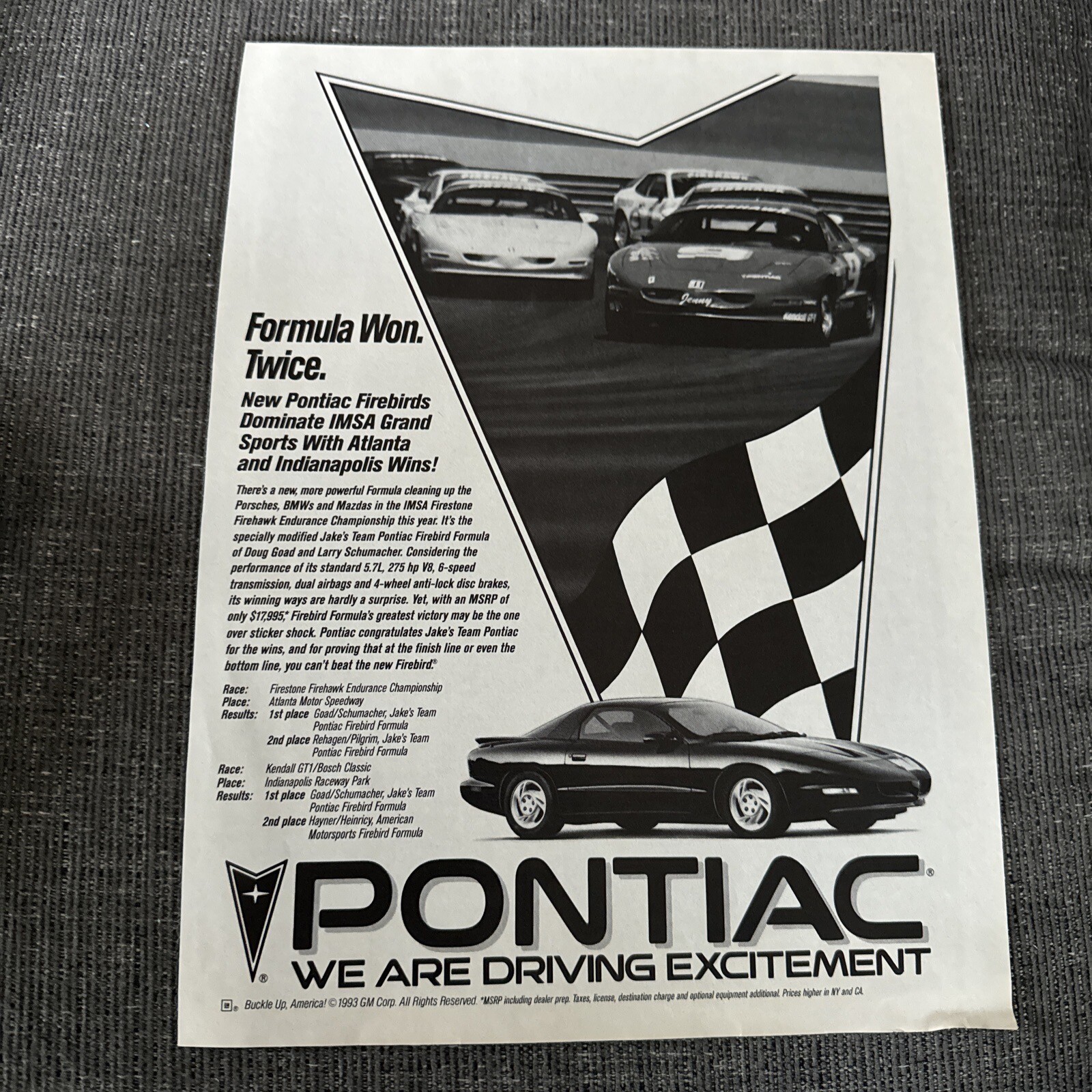 1993 Pontiac Firebird Formula Advertisement IMSA race Car Ad | eBay