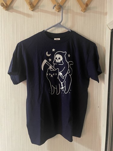 Threadless Youth M Tshirt Grim Reaper Riding Cat Death Gothic Navy | eBay