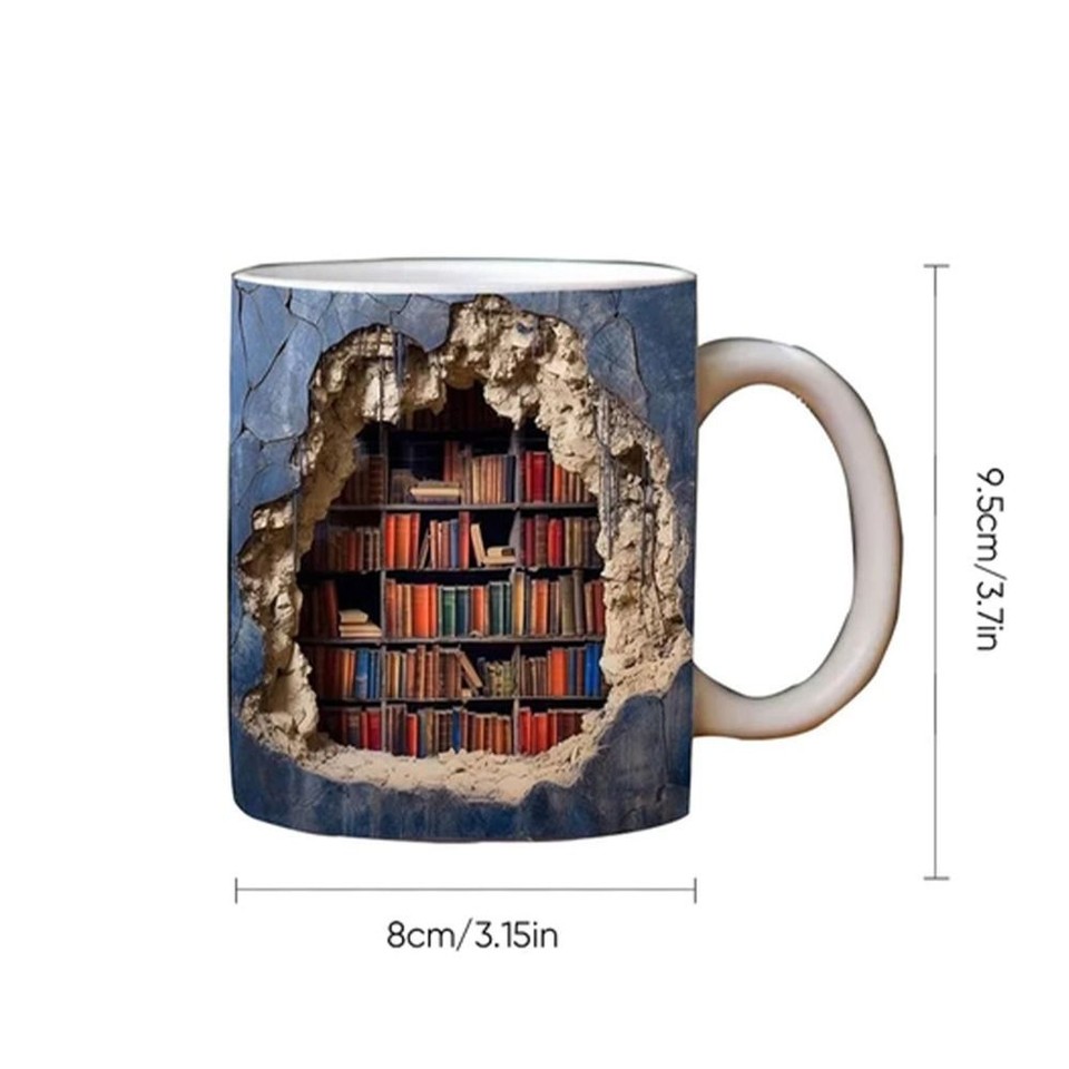 White A Library Shelf Cup 3D Book Lovers Coffee Mug New 3D Bookshelf ...