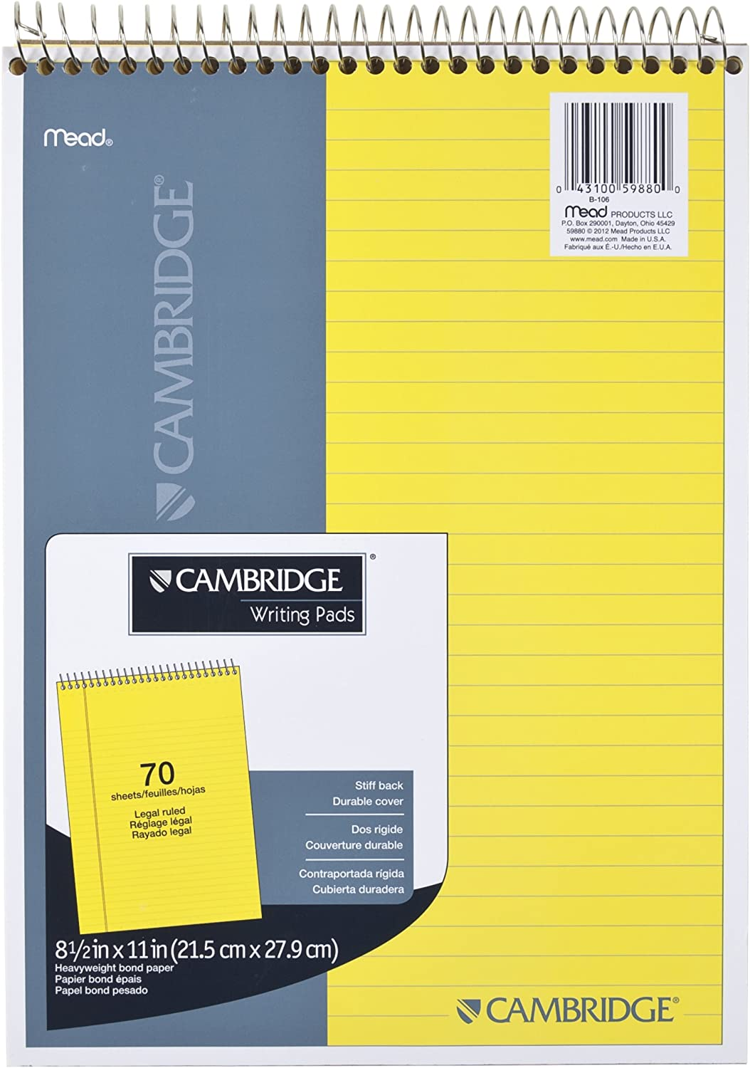 Mead Legal Pad, Top Spiral Bound, Wide Ruled Paper, 70 Sheets, 8-1/2" X ...