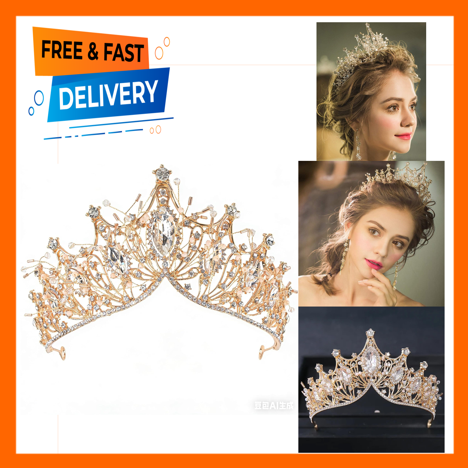 Gold Crown for Women, Baroque Queen Tiara, Crystal Headband, Princess ...