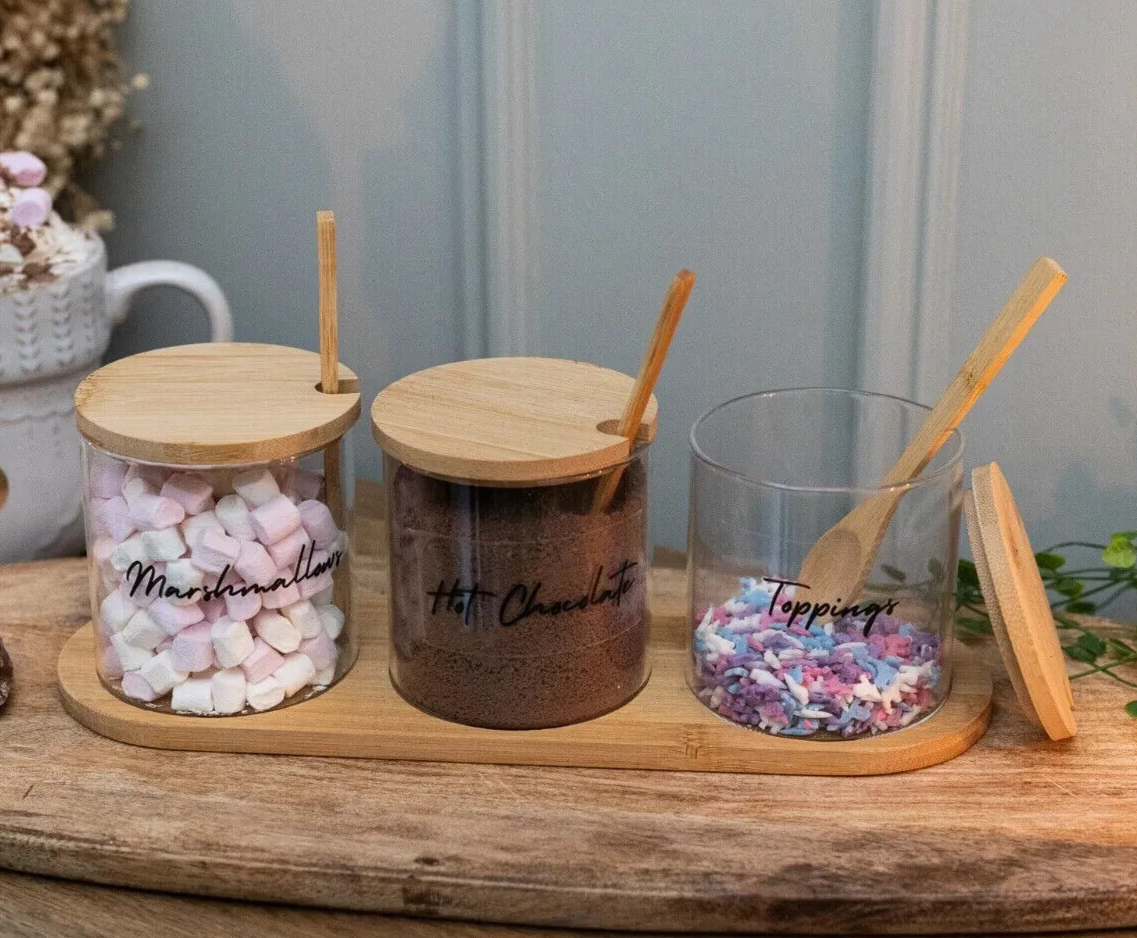 Hot Drinks Station Set 3pc Glass Jars Storage Wooden Lids Chocolate Tea ...