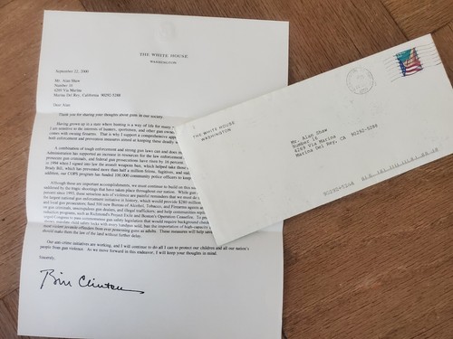 Bill CLINTON signed WHITE HOUSE LETTER on Gun Control - September 22 ...