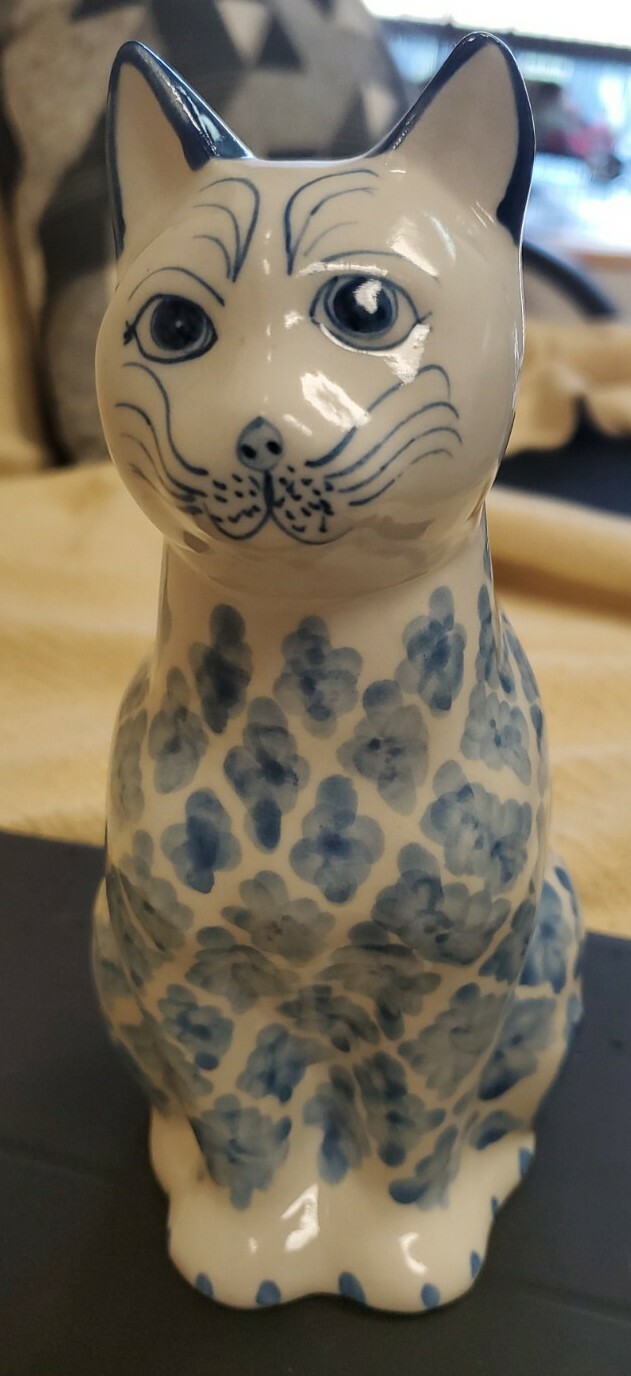 Hand painted Blue & White Ceramic Cat 8 inch tall | eBay
