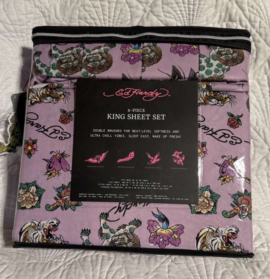 Ed Hardy Purple 6pc King Sheet Set Tigers Flowers Tattoo Print w/4 ...