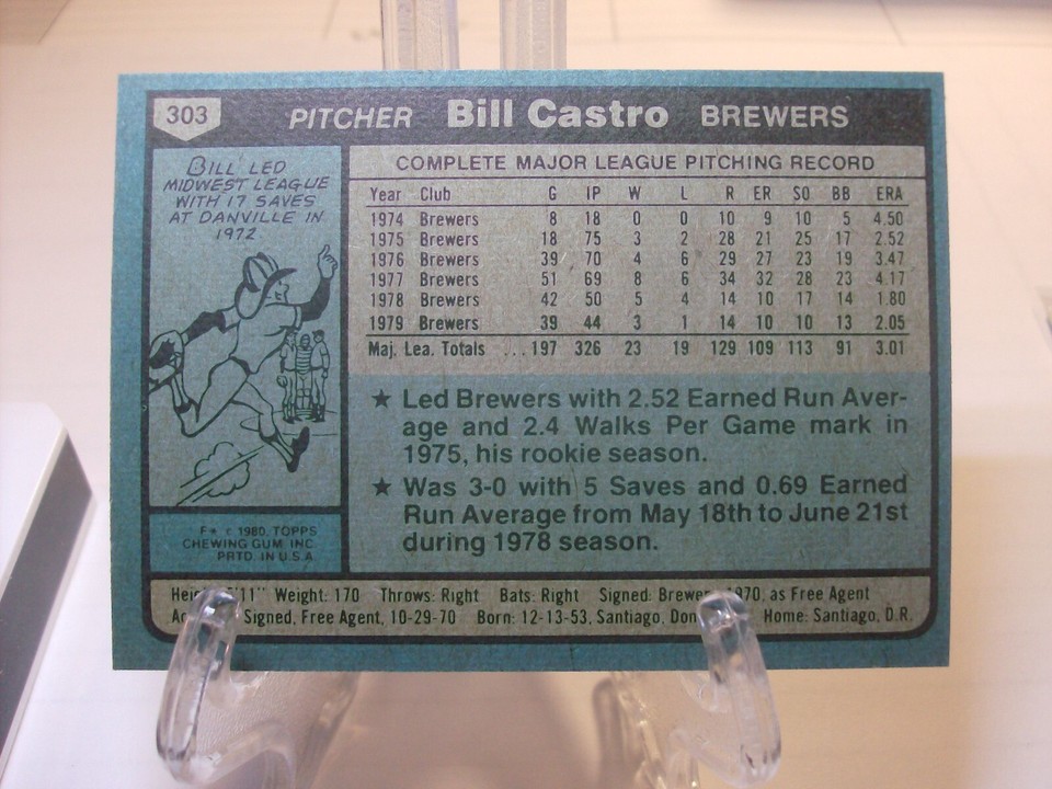 1980 Topps Baseball Card #303 - Bill Castro - Milwaukee Brewers (95163 ...
