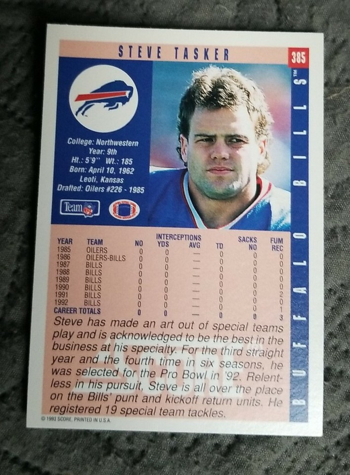1993 Score Football Card #385 Steve Tasker - Buffalo Bills | eBay