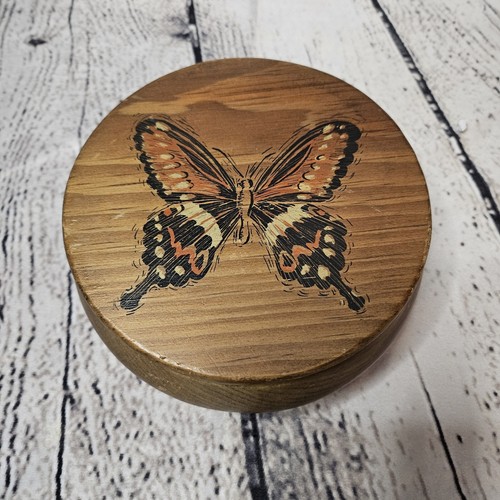 Vintage round Hand Painted Wood Cottage Core Butterfly Trinket Box | eBay