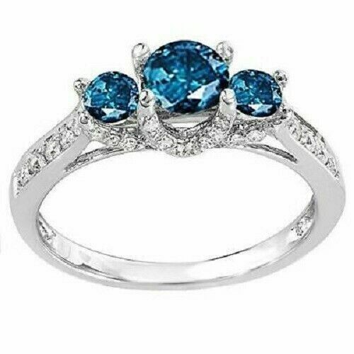 3Ct Round Lab-Created Blue Topaz 3 Stone Engagement Ring 14K White Gold ...