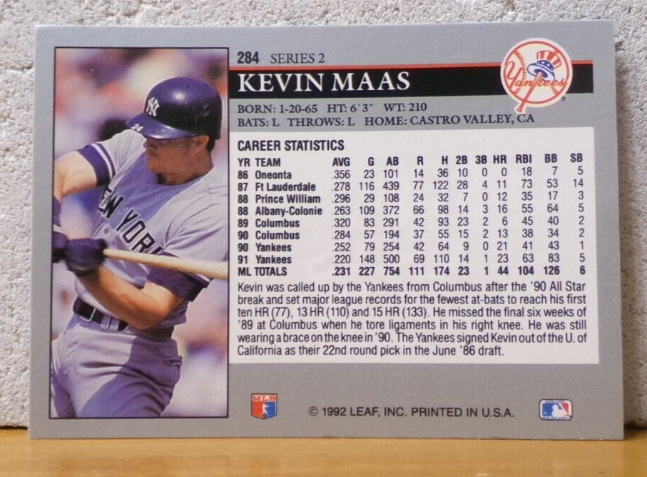 COOL BASEBALL CARD FROM VINTAGE PACK LEAF 1992 NEW YORK YANKEES KEVIN ...