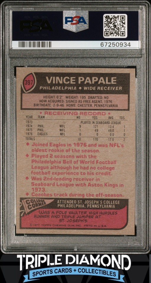 1977 Topps Football #397 Vince Papale Rookie RC New York Jets PSA 5 EX ...