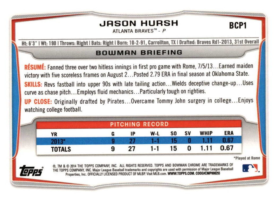 2014 Bowman Chrome Prospects Jason Hursh BCP1 | eBay