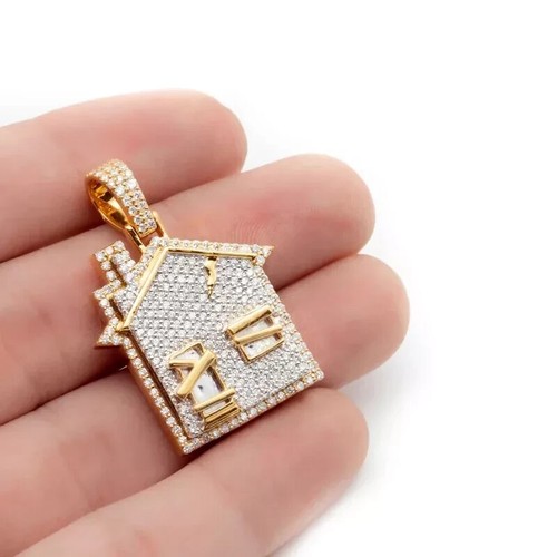 2Ct Round Cut Lab Created Diamond Trap House Pendant 14K Yellow Gold ...
