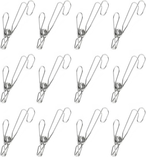 12 Pack Long Tail Clip with Hooks Clothes Pin, Cord Pins Silver ...