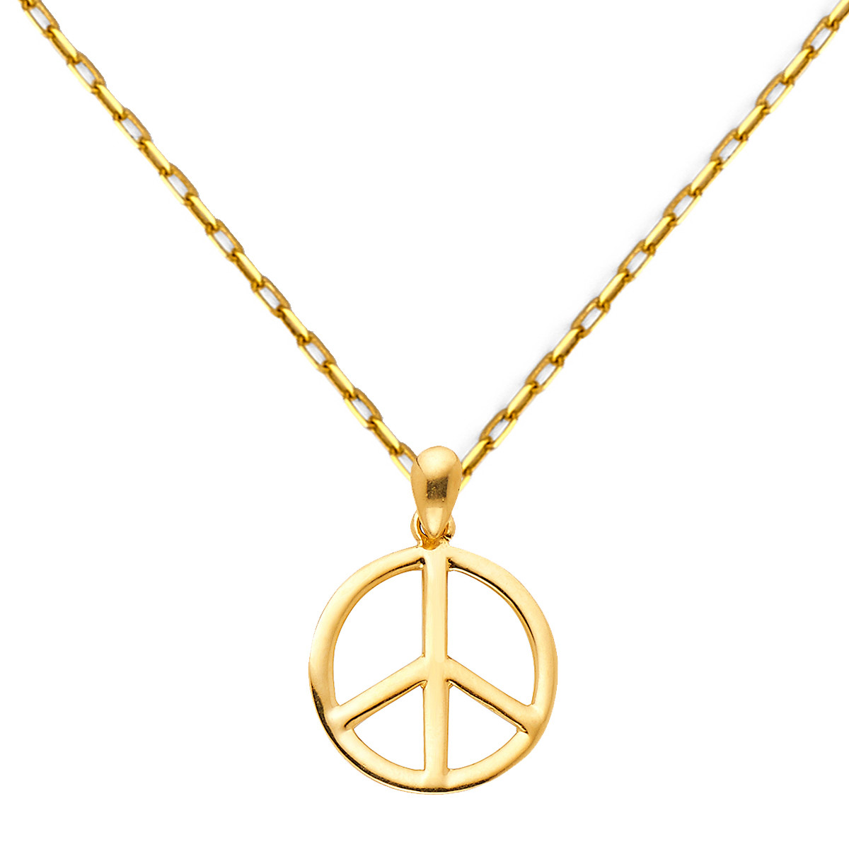 14k Yellow Gold Peace Sign Pendant with 0.9mm Cable Chain - 16''- 22 ...