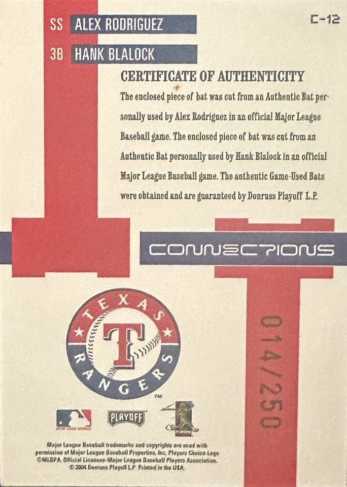 2004 Playoff Prestige Connections Materials 014/250 Alex Rodriguez Hank ...