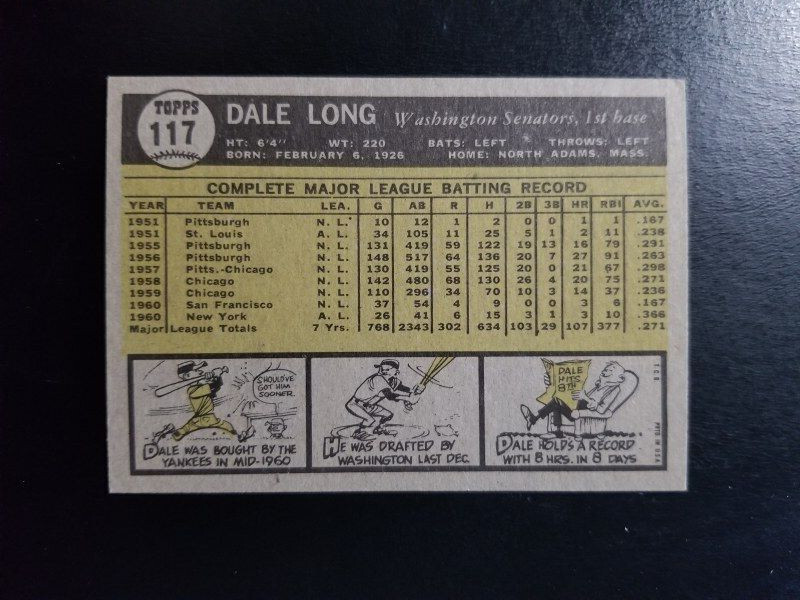 DALE LONG 1961 TOPPS BASEBALL CARD #117 WASHINGTON SENATORS | eBay