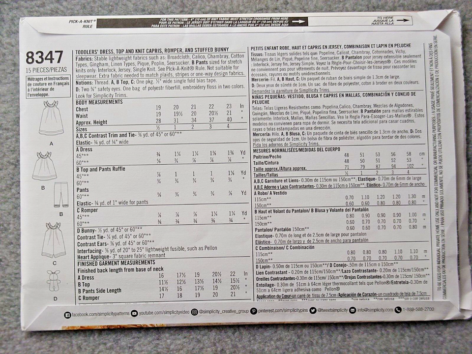 Simplicity Sewing Pattern 8347 Baby Toddler Outfits Sz 1/2-1-2-3-4 ...