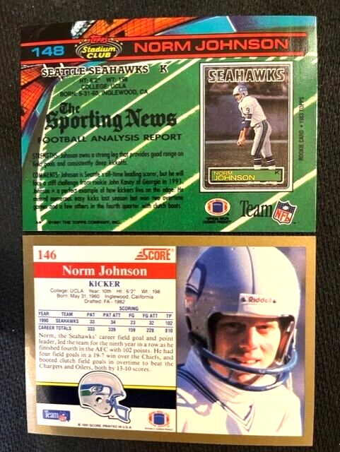 NFL - Norm Johnson 1991 Topps Stadium Club & 1991 Score Football ...