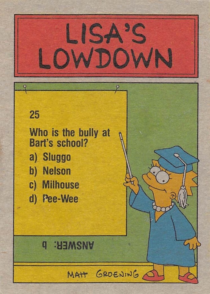 1990 The Simpsons Trading card TOPPS #24 Lisa's Lowdown | eBay