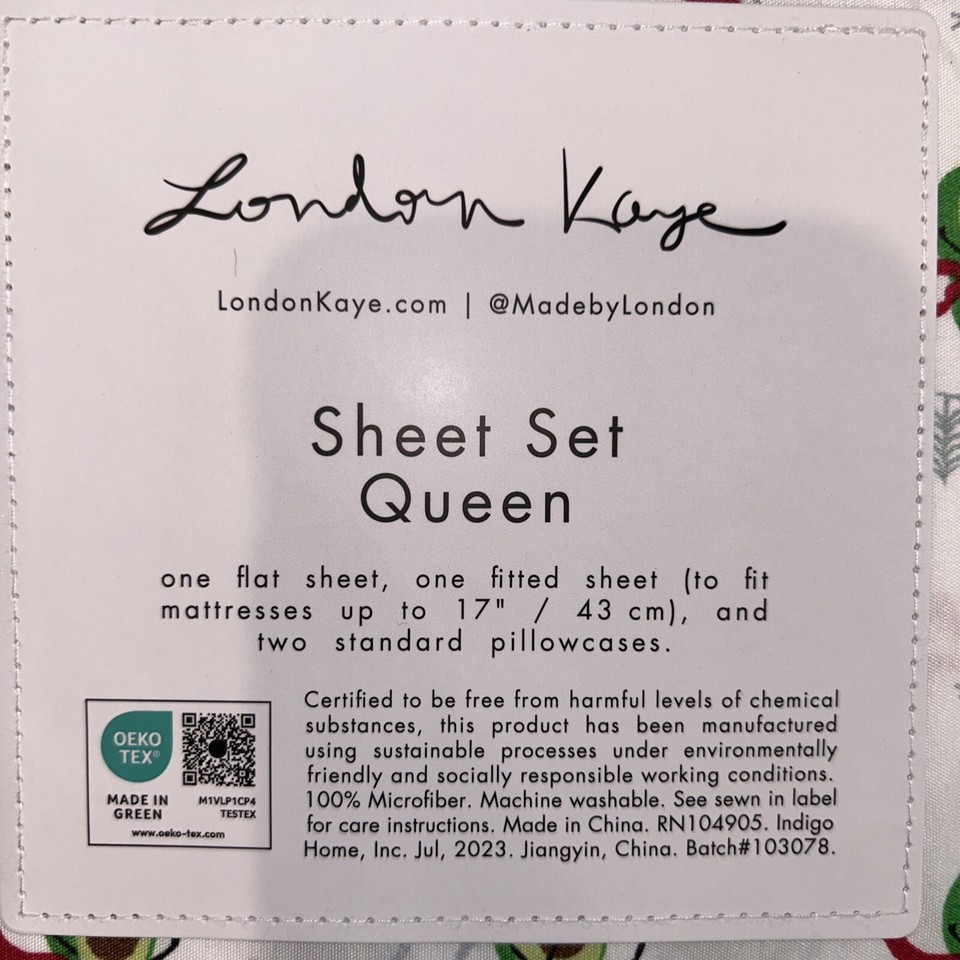 4pc London Kaye Holiday Avocados Skiing Snowflake QUEEN Size Bed Sheet ...