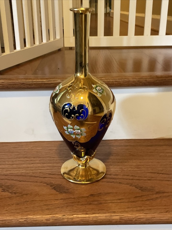 Vintage Glass Bud Vase Cobalt Blue painted Gold & Applied Flowers ...