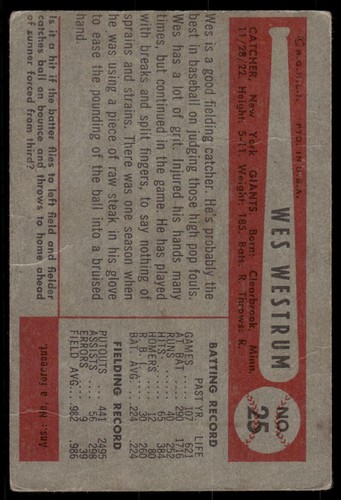 1954 Bowman #25b Wes Westrum New York Giants Very Good 45430 | eBay