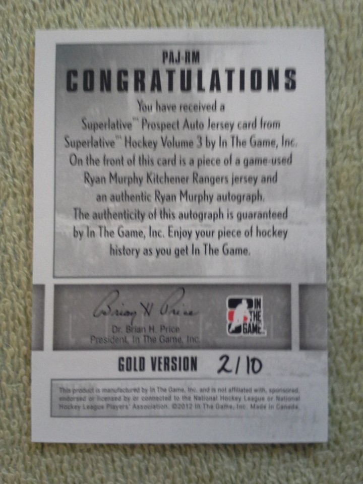 2011-12 In The Game RYAN MURPHY Rookie GOLD Supurlitive Prospect ...