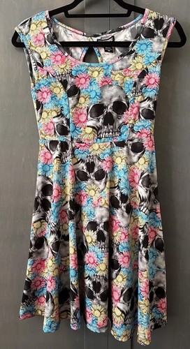 Hot Topic Sugar Skull Skater Dress Goth Floral Fit & Flare Rock Party ...