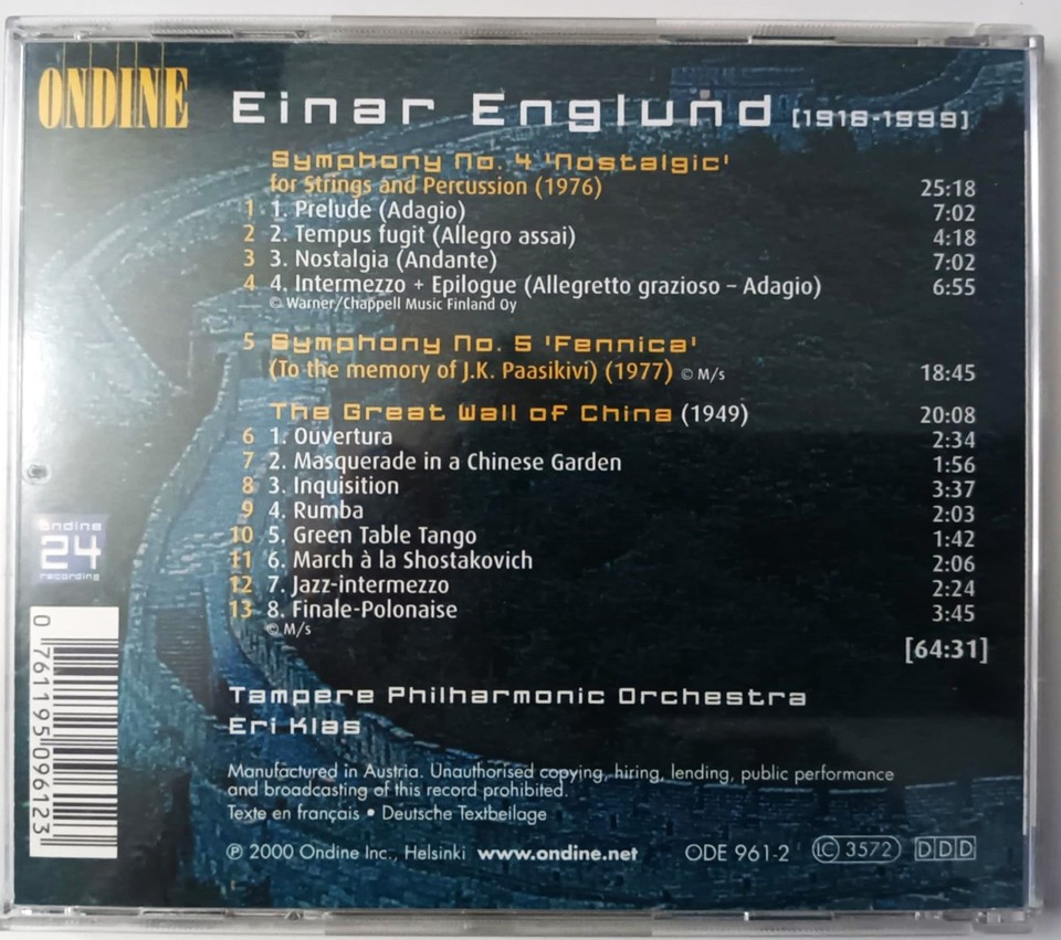 CD classique Einar ENGLUND - The great wall of China, Symphonie 4 & 5 - Ondine | eBay