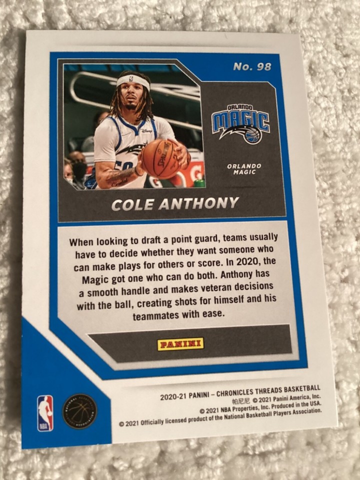 2020-21 Chronicles Threads Cole Anthony Fanatics Green Ice RC Rookie ...