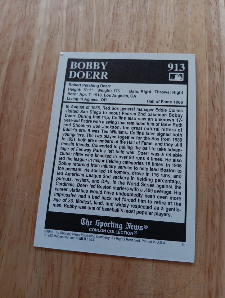 Bobby Doerr 1993 Conlon authentic autographed card Red Sox | eBay