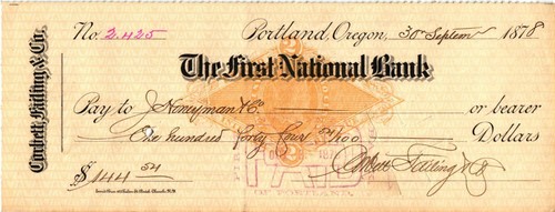 THE FIRST NATIONAL BANK,PORTLAND OREGON,1878,RN-G REVENUE STAMPED PAPER ...