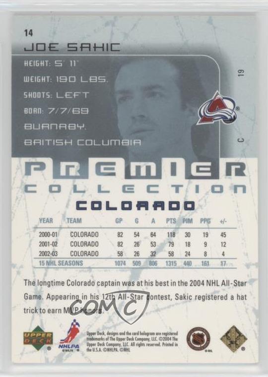 2003-04 Upper Deck Premier Collection /399 Joe Sakic #14 HOF | eBay