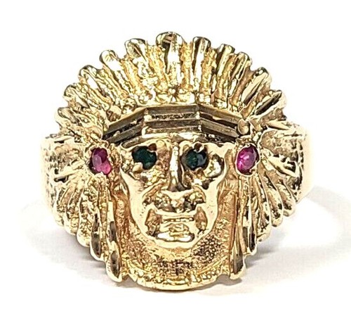 14k Yellow Gold Native American Indian Ring with Emer… - Gem