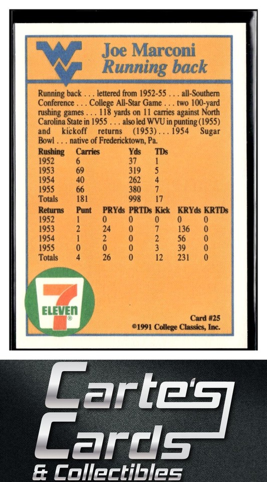 Joe Marconi 1991 College Classics West Virginia Mountaineers #25 WVU 7 ...