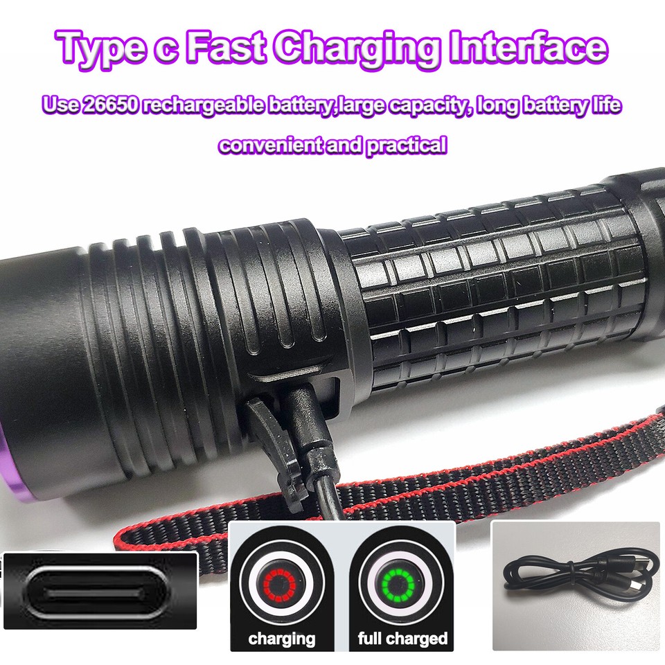 60W 365nm UV LED Flashlight Light Ultraviolet BlackLight Torch USB ...