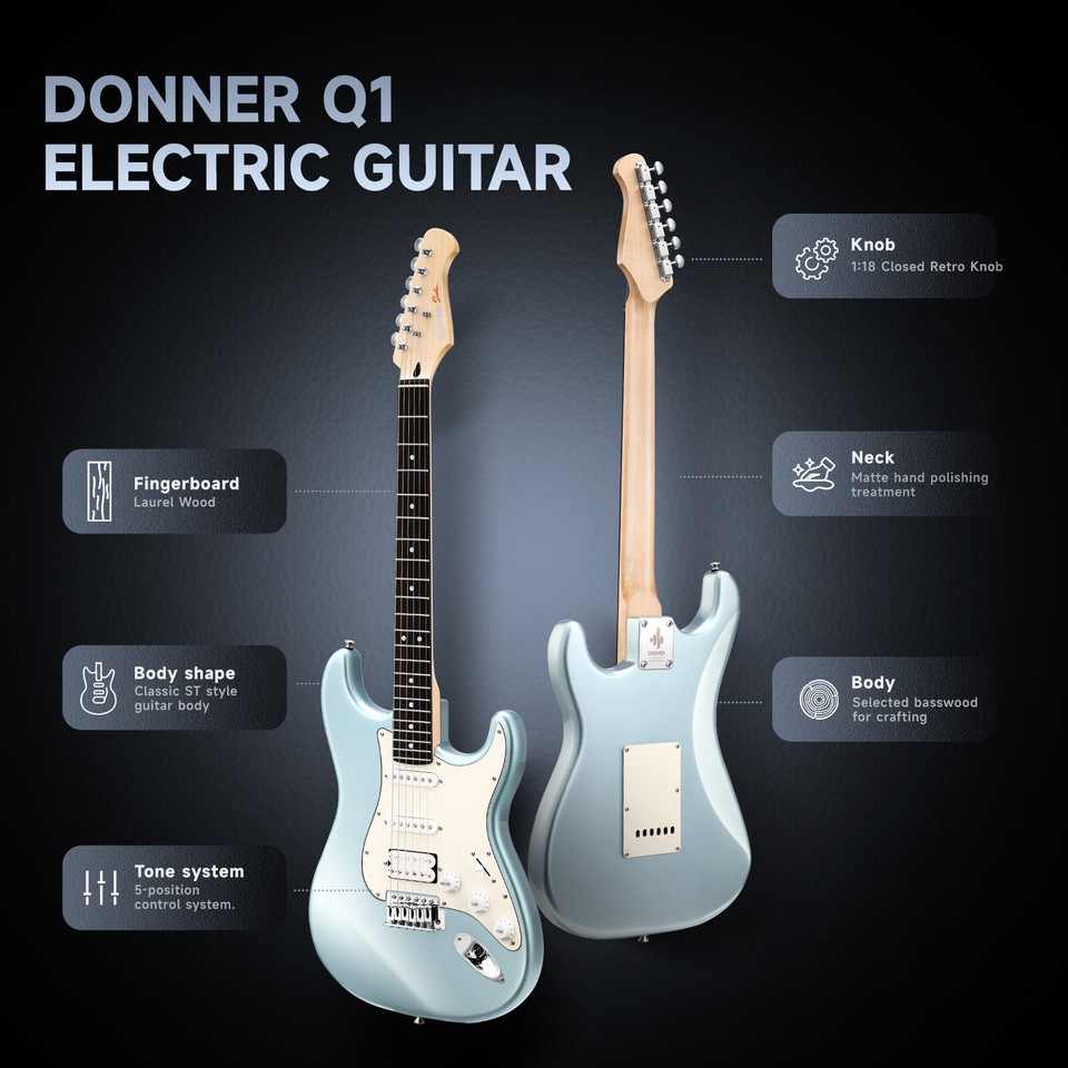 Donner Q1 Electric Guitar With Gig Bag Whammy Bar H-S-S Pickups ...
