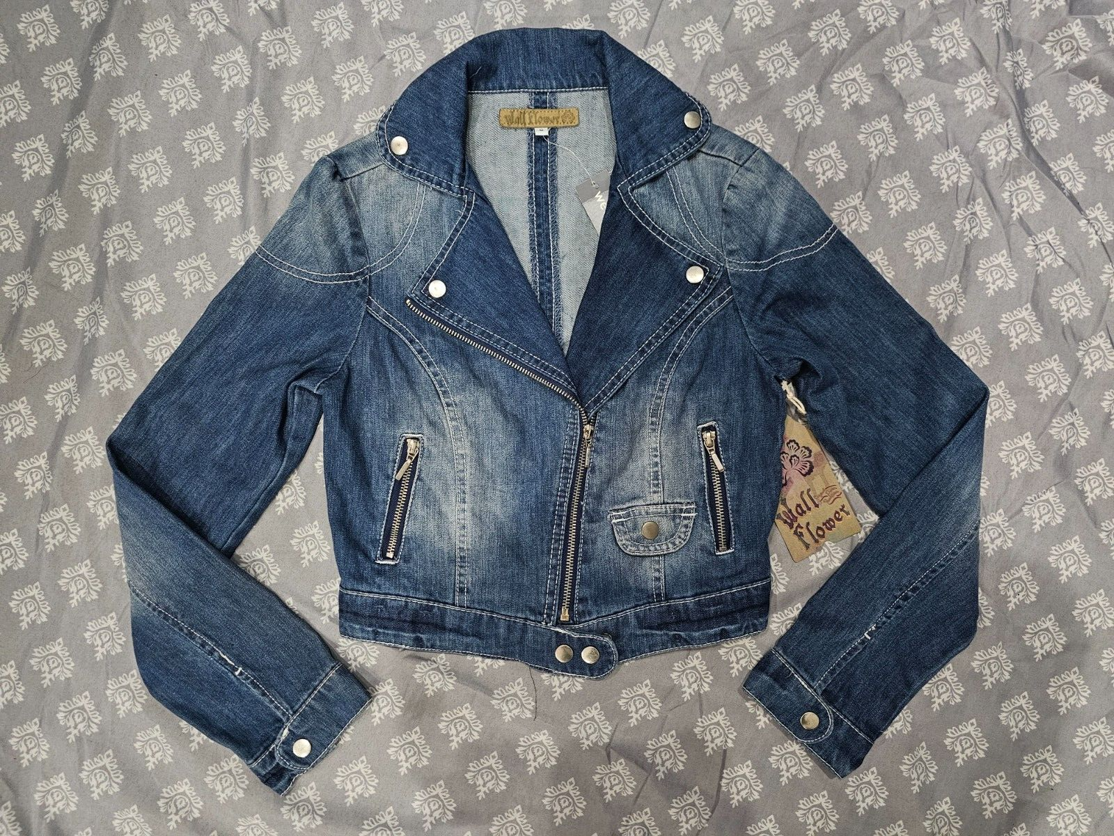 Wet Seal Wall Flower Distressed Blue Denim Zip Jean Moto Jacket Coat S ...