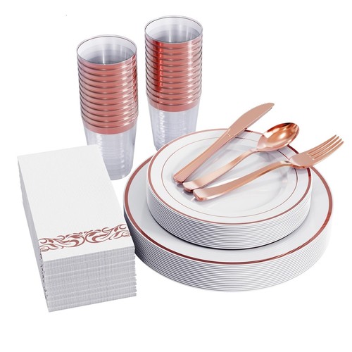 FOCUSLINE 175pcs Rose Gold Dinnerware Set for 25 Guests, White Plastic ...
