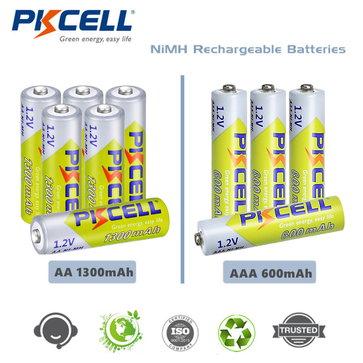 PKCELL AA,AAA 1300mAh,600mAh NiMH Rechargeable Batteries Cells 1.2V Lot ...