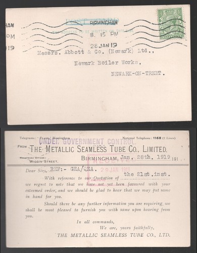1919 KGV Metallic Seamless Tube. Under Government Control. Birmingham ...