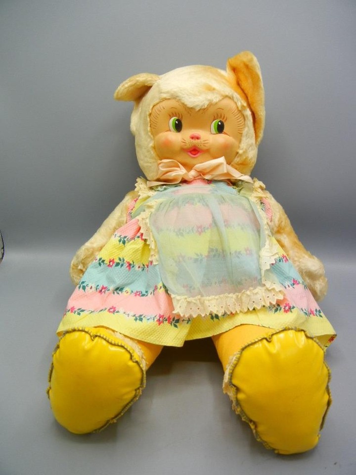 Vintage RUSHTON Plush Rubber Vinyl Molded Face *Mama Cat & 3 Kittens w ...