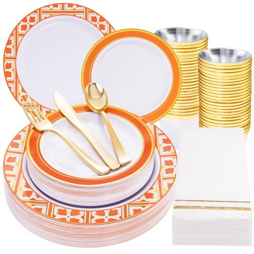 175PCS Orange Plastic Party Pack - 25 Dinner Plates, 25 Dessert Plates ...