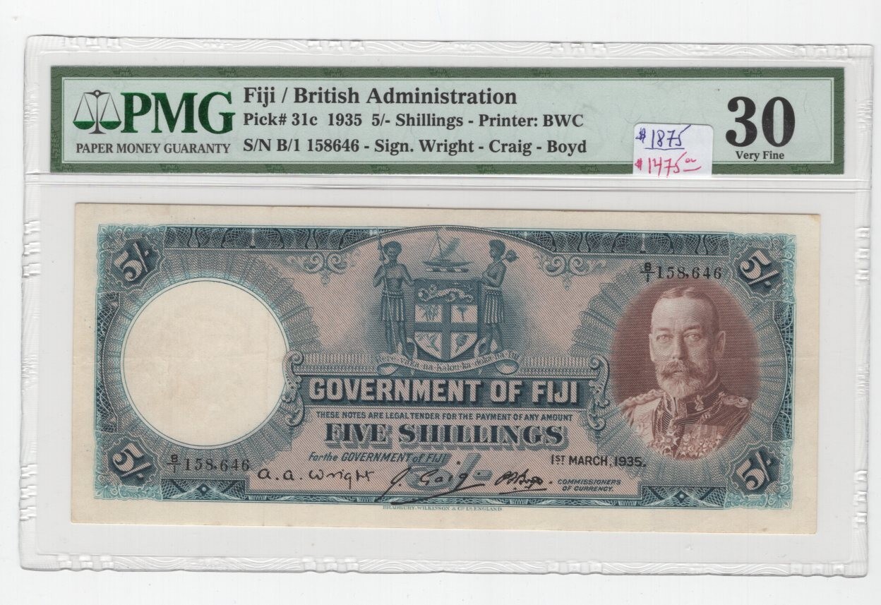 Fiji-Note: Five Shilling Year 1935, Pick#31-c; Grade PMG-30..Cat:$1875 ...