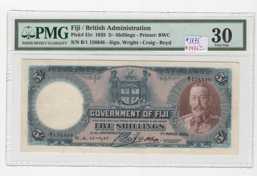 Fiji-Note: Five Shilling Year 1935, Pick#31-c; Grade PMG-30..Cat:$1875 ...