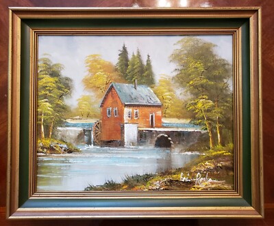 Framed Signed Brian Roche Oil on Canvas Painting Watermill Scene 19 x ...