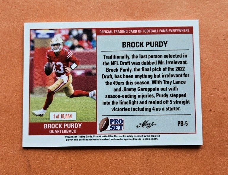 Brock Purdy RC, 2022 Leaf Pro Set PB-5, PR: 10554. San Francisco 49ers ...