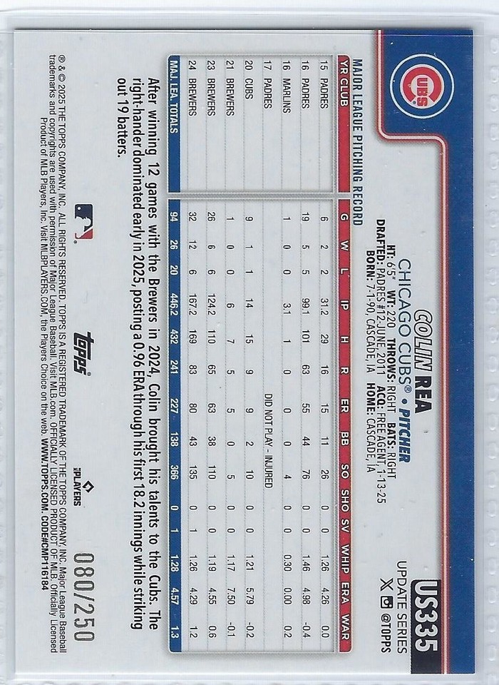 2025 TOPPS UPDATE COLIN REA #US335 PURPLE HOLO FOIL 80/250 CUBS | eBay